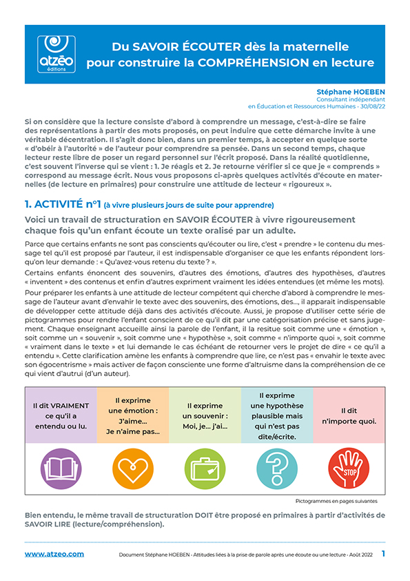 Article "Du savoir écouter dès la maternelle pour construire la ...